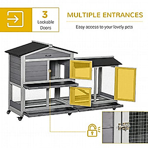 PawHut 62" Wooden Rabbit Hutch, Bunny Cage, Pet Playpen House with Wheels, Run Box, No Leak Tray, and Ramp for Small Animals, Indoor/Outdoor Use, Light Grey