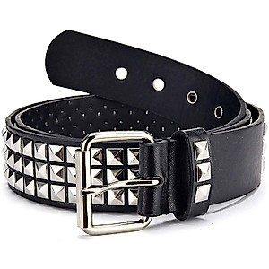 Studded Belt, 3 Row Metal Pyramid Silver Square Beads Punk Leather Belt, Gothic Punk Pants Jeans Belt for Women Men (Black) 110 x 3.8 cm