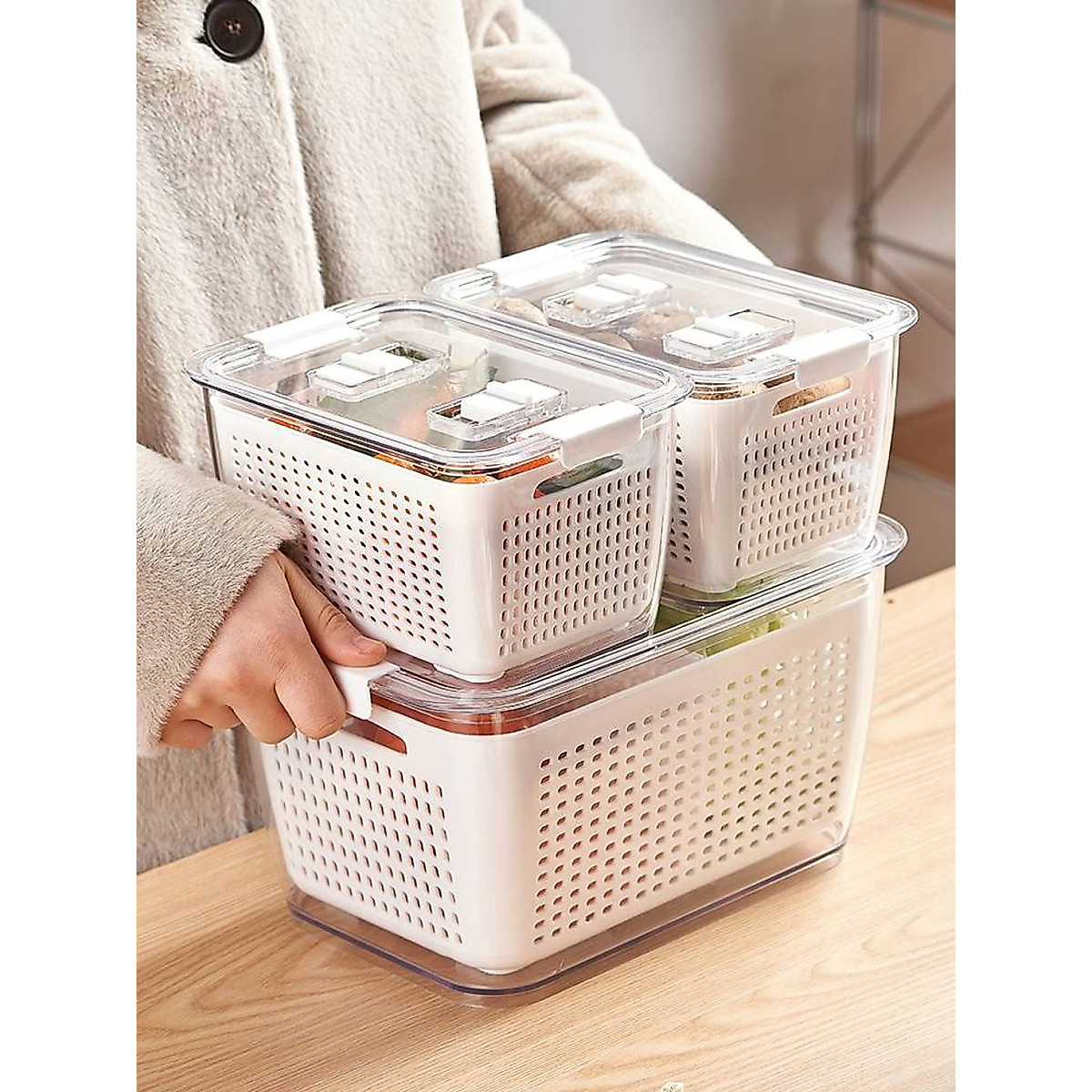 SHEBI PRODUCT - 3-Pack Refrigerator Organizer Bins- Clear Plastic Fridge Organizer for Fruit & Produce with Removeable Tray- Stackable Kitchen Organization- Fruit Containers for Fridge (White)