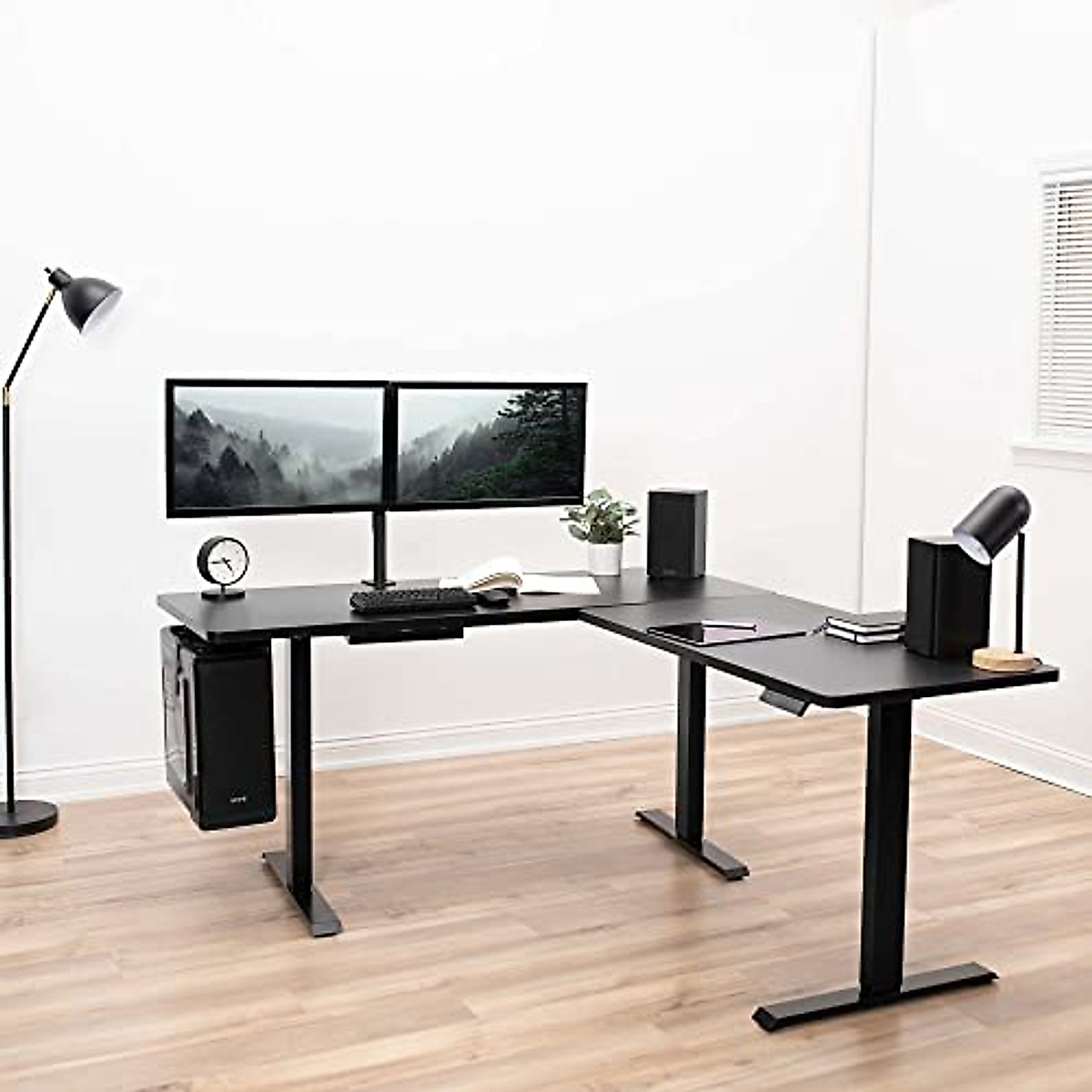 VIVO Electric Multi-Motor Height Adjustable Corner 3 Leg Standing Desk Frame, Frame Only, Sit Stand Ergonomic L Frame with Push Button Controller, Black, DESK-V123EB