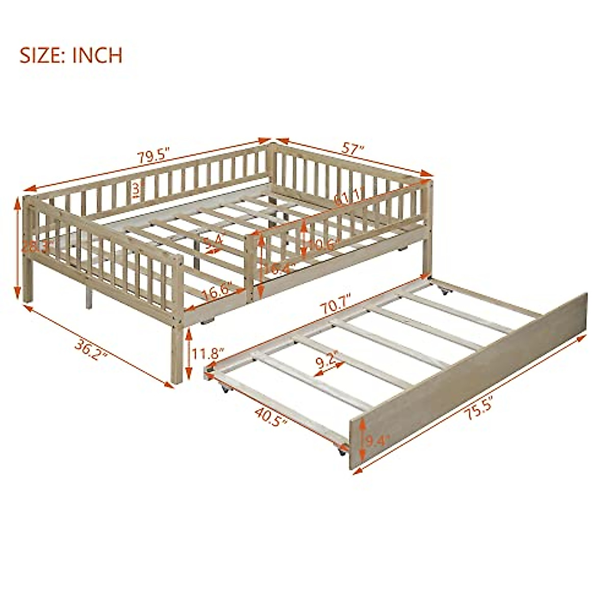 Sedgeria Full Size Montessori Bed for Toddlers Wooden Toddler Daybed with Fence and Trundle, Low Bed Frame with Rails for Kids Boys Girls, Natural
