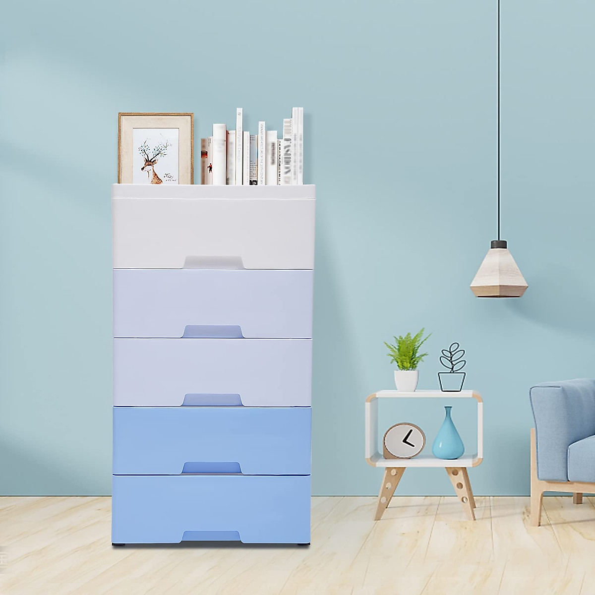 Plastic Drawers Dresser,5 Tier Storage Tower with 5 Drawer and Wheels,Storage Organizer Rack, Movable Storage Tall Small Cabinet Closet for Bed, Closet, Sofa, And Cabinet (Gradient Blue)
