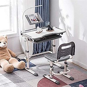 Kids Desk and Chair Set,Height Adjustable Ergonomic Children Sturdy Table with Drawer,Light,Metal Hook and Tilt Desktop for Boys Girls (Gray)