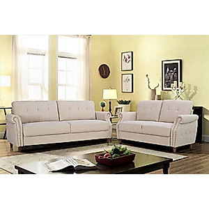 Container Furniture Direct Briscoe Ultra Modern Upholstered Button Tufted Back with Rolled Arms Living Room, Sofa, Biscuit