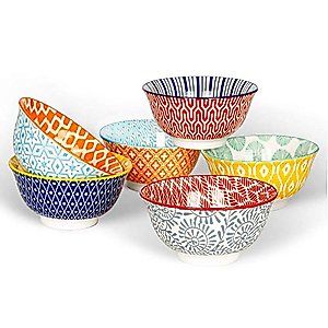 KitchenTour Ceramic Bowls Set - 30 oz Serving Bowls For Kitchen - Cereal, Ice Cream, Soup, Salad, Rice, Dessert Ceramic Bowls - Assorted Colorful Design Set of 6 - Microwave Dishwasher Safe - 7 Inch