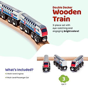 Maxim Enterprise, inc. Double Decker Wooden Train Set of 2 Engines & 1 Passenger Car, Multi-Level Commuter Transit Toy, Compatible with Thomas & Friends, BRIO, Other Major Brand Railways