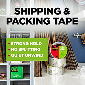 Scotch Sure Start Shipping Packaging Tape, 1.88" x 54.6 yd, Designed for Packing, Shipping and Mailing, No Splitting or Tearing, 3" Core, Clear, 8 Rolls (3450-8)