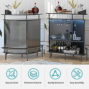CECER Wine Bar Cabinet with 4 Tiers Storage | RGB LED Light Metal Mesh Industrial Buffet Coffee Counter with Red Wine Rack | Modern Iron＆Wood Mini Liquor Cabinet with Footrest for Home Black
