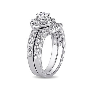 1/3 Carat (ctw) Lab-Created White Sapphire Bridal Engagement Ring and Wedding Band Set with Diamonds in Sterling Silver