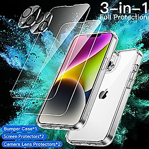 JETech 3 in 1 Case for iPhone 14 Plus 6.7-Inch, with 2-Pack Screen Protector and Camera Lens Protector, Non-Yellowing Shockproof Bumper Phone Cover, Full Coverage Tempered Glass Film (Clear)