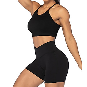 Sunzel Sunzfly Crossover Biker Shorts for Women, V Criss Cross High Waist Yoga Workout Gym Shorts with Tummy Control 4" Black Small