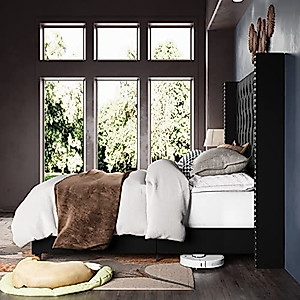 Jocisland 61.4" Tall Bed Frame Queen Size Upholstered Bed Wingback Headborad Velvet Tufted Handmade Pleat Deep Button/No Box Spring Needed/Black