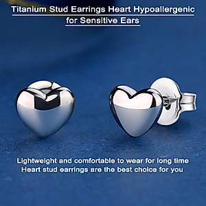 VGACETI Titanium Earrings Heart Stud Earrings, Hypoallergenic for Sensitive Ears Women Men, Premium High Polished (Large Shiny Grey)