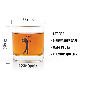 JEM GLASS F*ck Golf Whiskey Glasses - Set of 2 - Black Dishwasher Safe Print - Funny Golf Presents for Men, Women, Dad, Mom, Husband, Wife, Him, Her - 10.25 Ounces Each