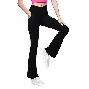 Gnainach Girls Flare Pants Size 13-14 Years Old Black High Waist Crossover Leggings with Pockets Kids Bell Bottoms for Teen Yoga Running