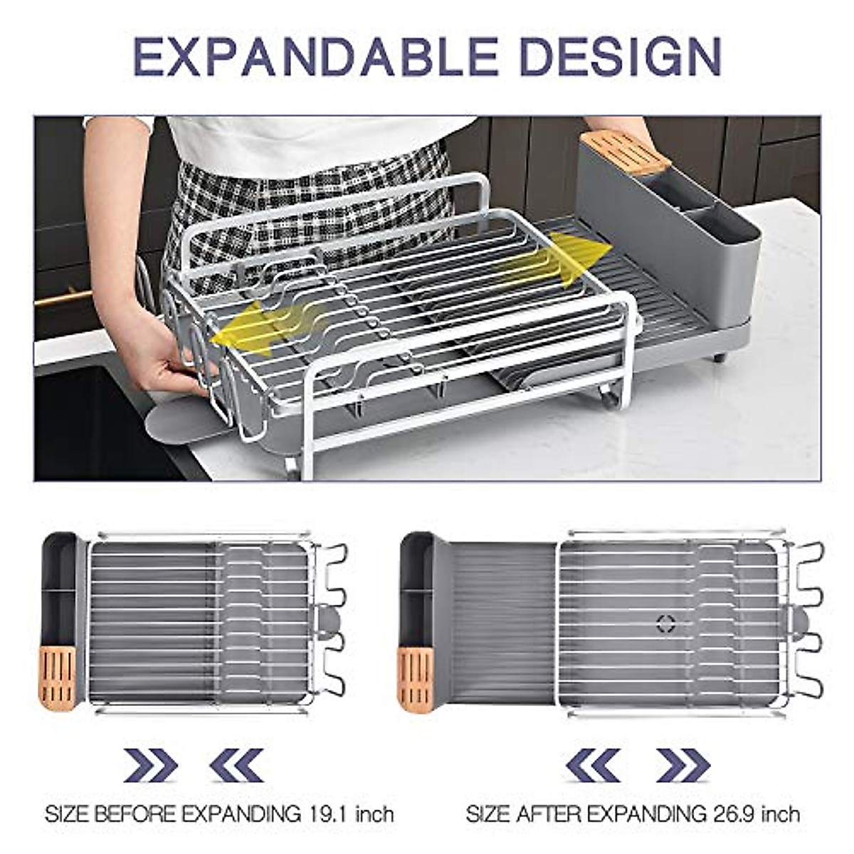 TOOLF Dish Rack and Drainboard Set, Extend Large Dish Drying Rack with Swivel Spout for Kitchen Counter or Sink, Expandable Dish Drainer Rack with Utensil Holder and Cup Holder (Expandable)