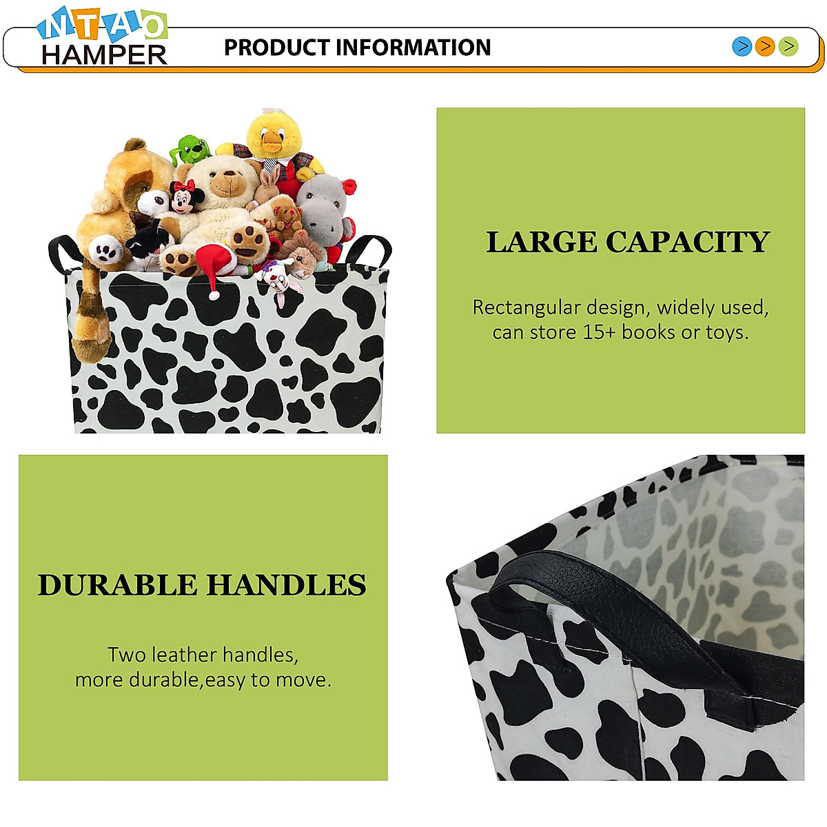 NTAOHAMPER Rectangular Cow Storage Basket,Waterproof Cowprint Box with Handles for Bedroom,Baby Room Decor,Gift Basket for Cow Lovers,Collapsible Kids Toys Bin(Cow)