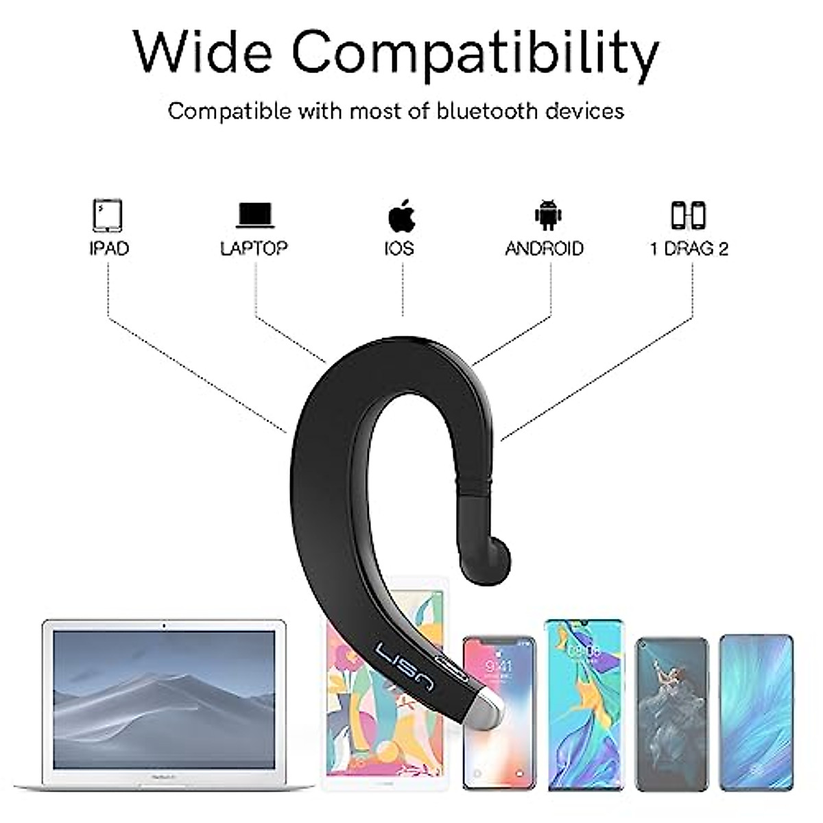 Ear Hook Wireless Bluetooth Headphone,LISN Painless Wearing Bluetooth Earpiece with Mic,Lightweight Non Ear Plug Single Ear Bluetooth Headset for Cell Phone 8-10 Hrs Playtime(Black)