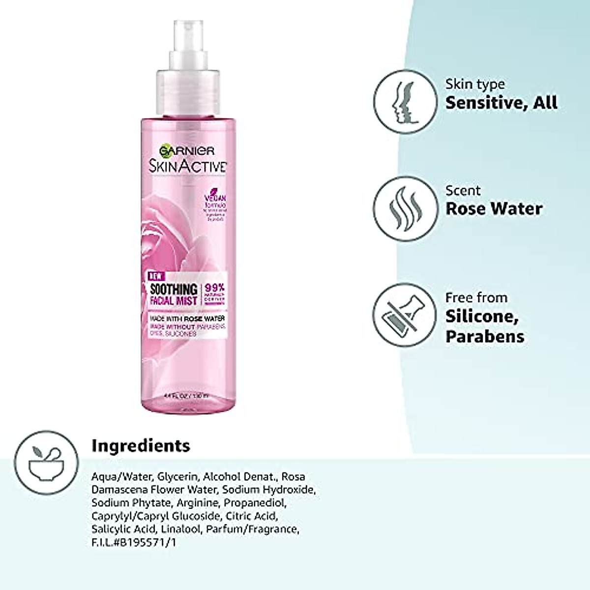 Garnier SkinActive Facial Mist Spray with Rose Water, 4.4 Fl Oz (Pack of 1)