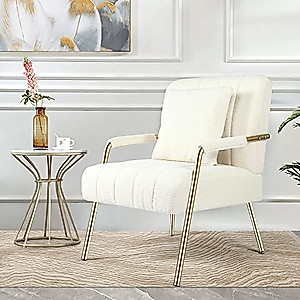 wirrytor Modern Teddy Fleece Fabric Accent Chair with Ottoman, Upholstered Leisure Chair with Metal Frame Single Sofa Armchair with Pillow for Living Room Bedroom Office Balcont (Teddy Beige)