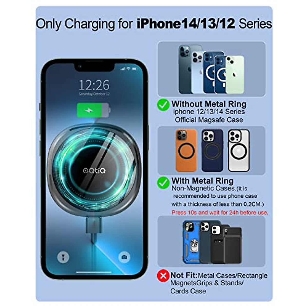 OQTIQ Wireless Car Mount Charger for Tesla Model 3 / Y Magnetic Phone Holder Fast Charging Cooling Fan Magnet Charger Compatible with Mag Safe Cases, for iPhone 14 13 12 Series (with QC 3.0 Adapter)