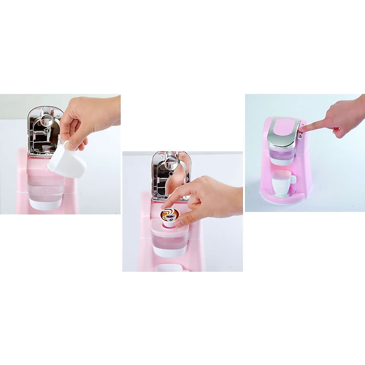 Battery Operated Gourmet Kitchen APPLIANCES (Child Size) has Pink & White Coffee Maker w Coffee PODS, Mix Master and Blender