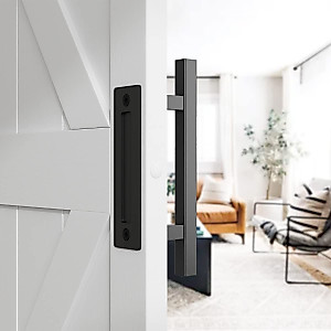 SMARTSTANDARD 2 Pack Barn Door Handles Set, 12" Large Rustic Two-Side Design, Pull and Flush Sliding Door Handle for Gates Garages Sheds Furniture, Black, Square