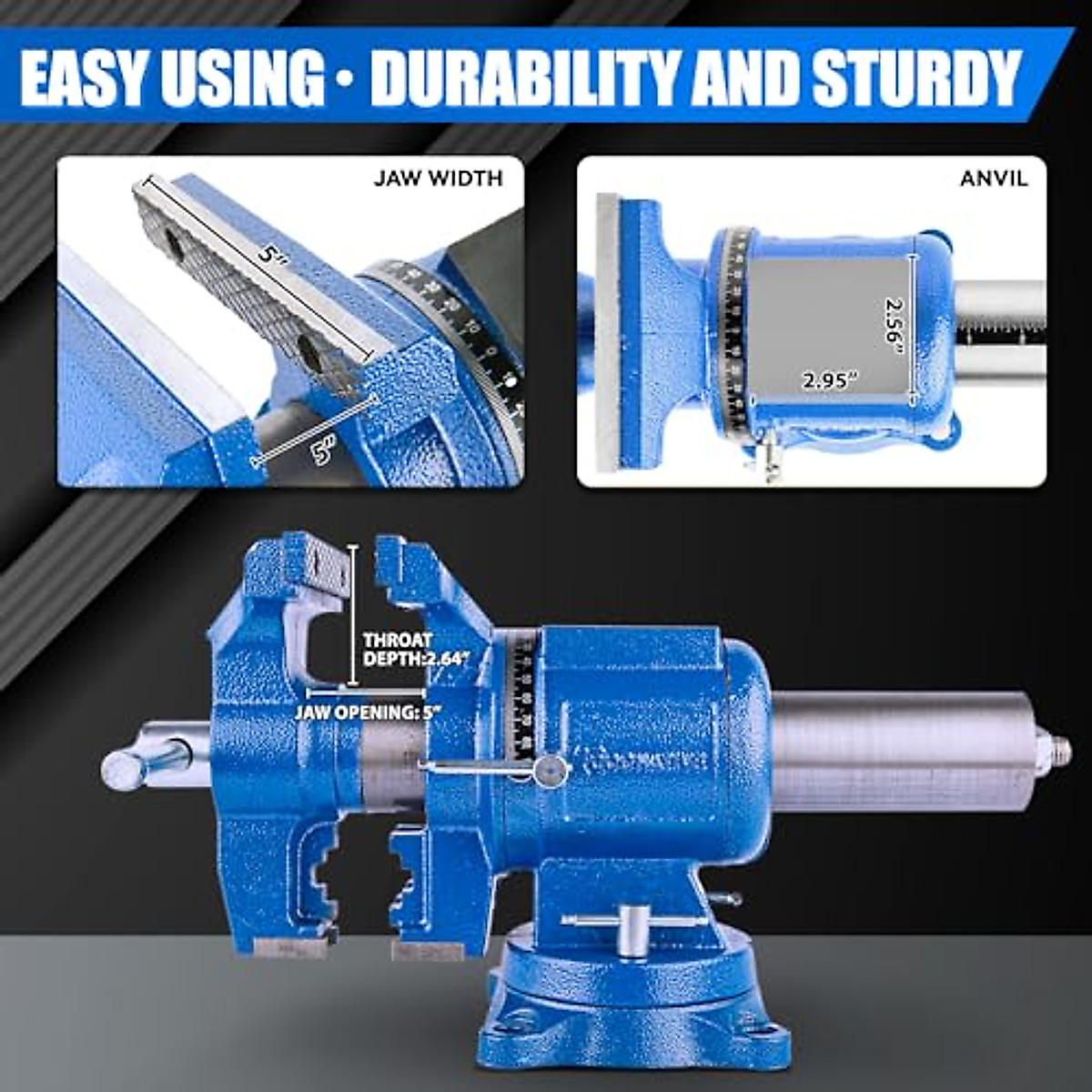 COGNATIVE 360° Multi-Purpose Bench Vise, Ductile Iron, Heavy Duty with Anvil, Clamp force 4000KG, Blue, 5-Inch