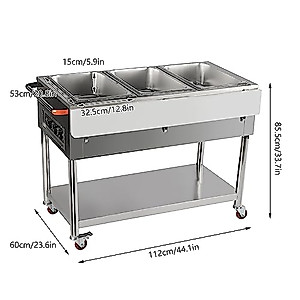 KOLHGNSE Commercial Electric Food Warmer, 3-Pot Steam Table Food Warmer 0-100℃ with Movable Wheels, Professional Stainless Steel Material for Catering and Restaurants