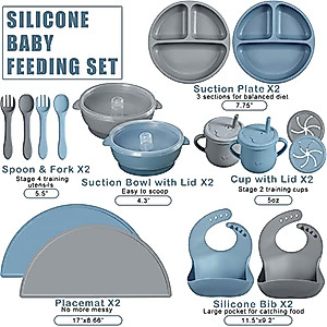 Mimorou 16 Pack Baby Feeding Supplies Set, Silicone Baby Led Weaning Suction Plates and Bowls Silicone Bibs Anti Slip Placemat Snack Cups Baby Spoons Forks, Toddler Eating Utensil Set