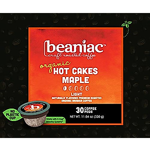 beaniac Hot Cakes Maple, Flavored Light Roast, Single Serve Compostable K Cup Coffee Pods, Organic Arabica Coffee with Natural Flavors, Keurig Brewer Compatible, 30 Count