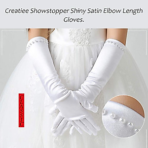 2 Pair Little Girls Long Princess Costume Glove, Creatiee White Dress Up Beading Bows Glove for Kids Party, Wedding, Birthday, Holiday, Formal Pageant (White)