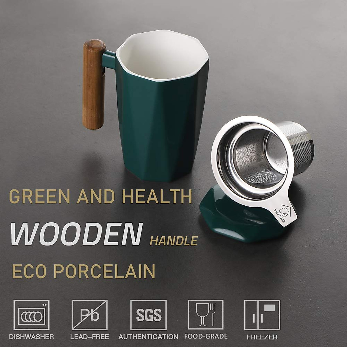 Sweejar Porcelain Tea Mug with Infuser and Lid, Wooden Handle, 17 Ounce, Geometric Shape Tea Cup for Steeping, Tea Lover, Gift, Home, Office (Jade)