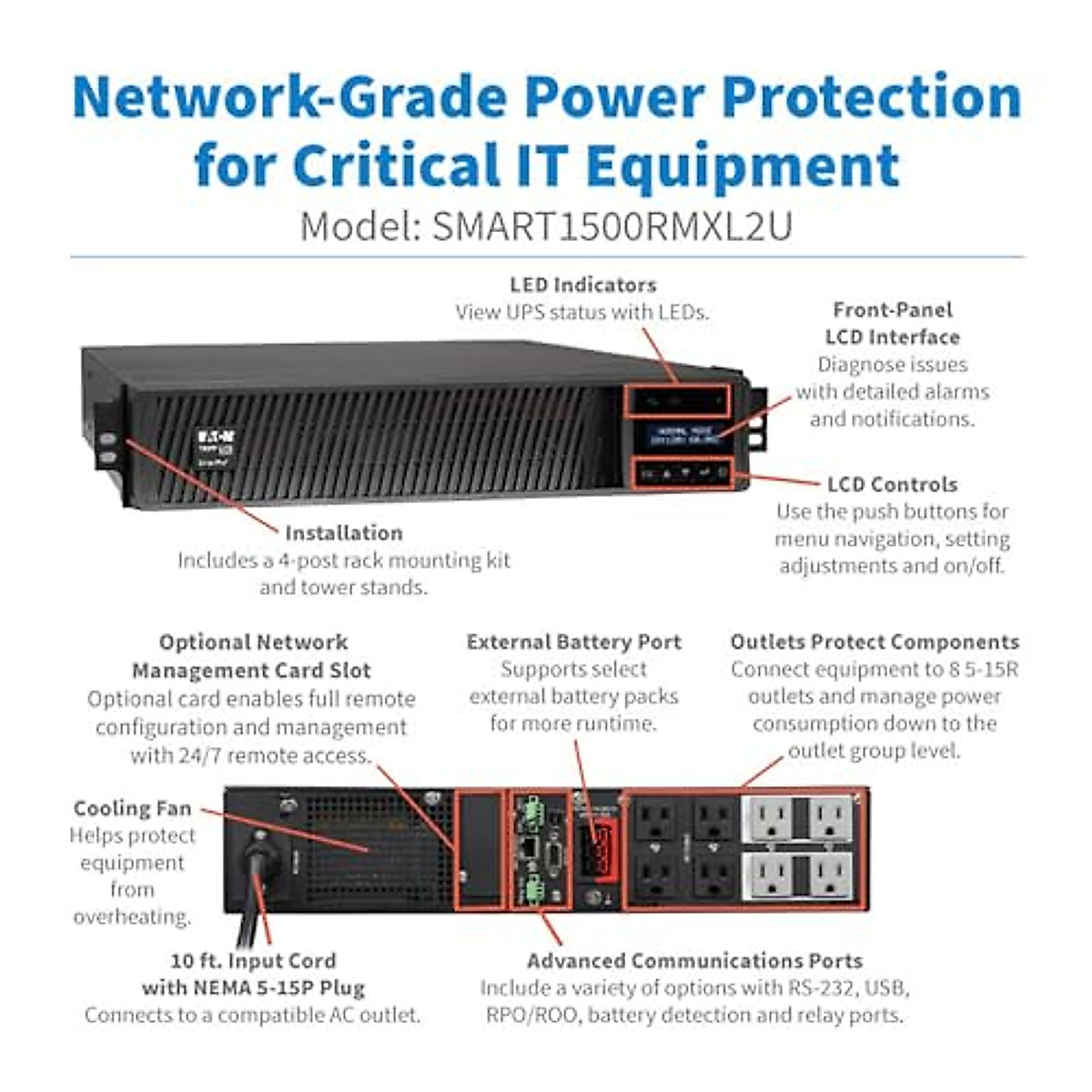 Tripp Lite Series 1500VA Smart UPS Back Up, Sine Wave, 1440W, 8 Outlets, 2U Rackmount, Extended Run & Network Card Option, LCD, USB, 3-Year Warranty & $250,000 Insurance (SMART1500RMXL2U)
