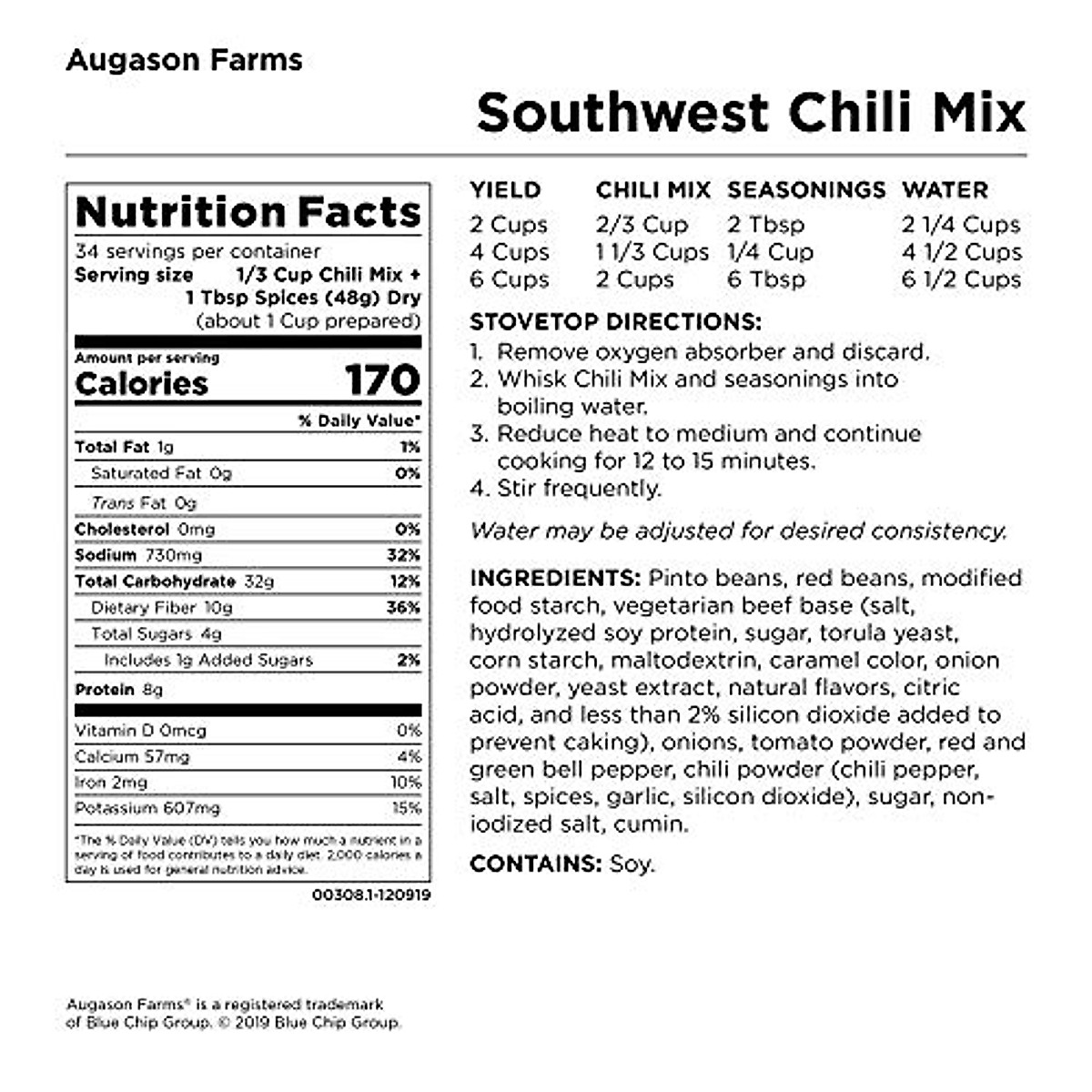 Augason Farms Southwest Chili Mix Net wt. 3 lbs 10 oz (1.65 kg)