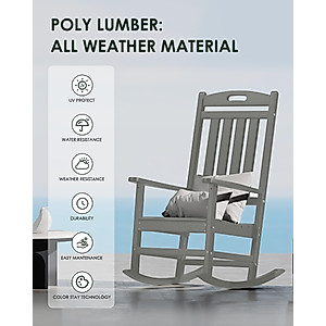Adiromoti Outdoor Rocking Chair, All-Weather Resistant Poly Lumber Rocker Chair Outdoor, High Back Plastic Patio Rocking Chairs for Outside Porch Rocker Garden Lawn, Slate Grey
