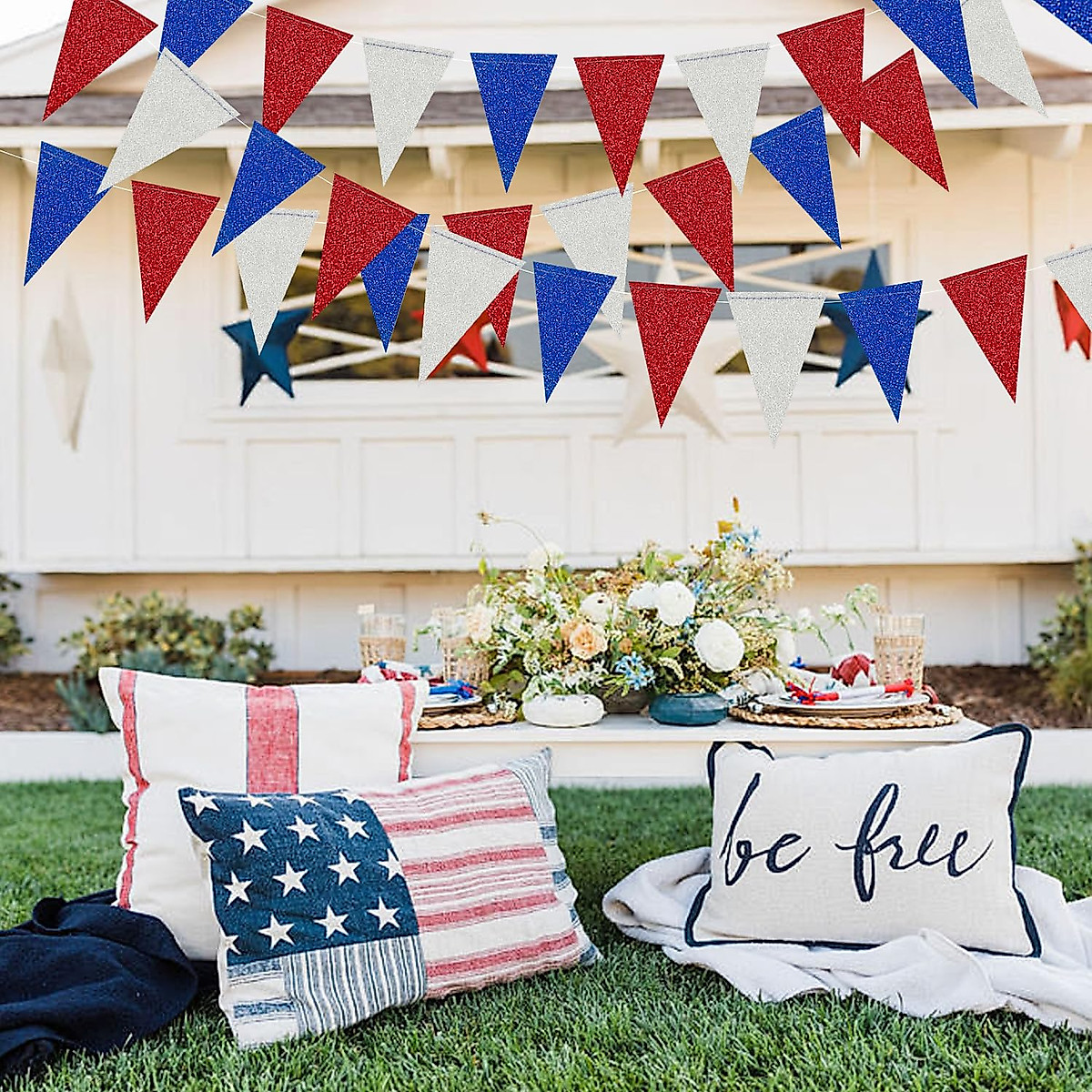 XIANMU Patriotic Pennant Banner Red Blue Silver/White Triangle Flag Bunting Banner Patriotic Decorations Glitter Paper Garlands for 4th of July Independence Day Party Decorations Supplies 40 Feet