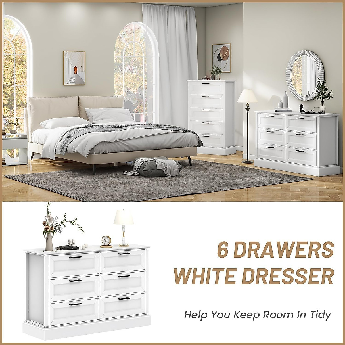 biukpci White 6 Drawer Dresser for Bedroom, Modern Chest of Drawers with Deep Drawers, Wood Double Dresser for Storage Clothes