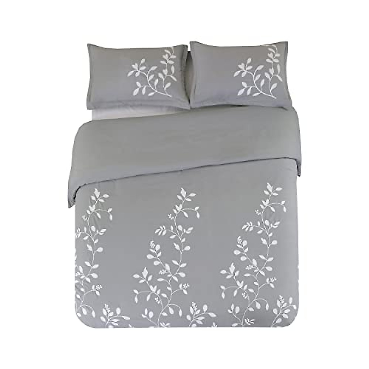 Dykoos Embroidered Soft Brushed Microfiber Duvet Cover Set, Floral Branches, Gray and White, King Size with Zipper Closure and Corner Ties, 1 Duvet Cover and 2 Pillow Shams