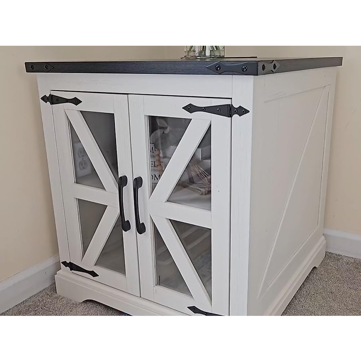 Farmhouse End Table with Charging Station, 24" Large Sofa Side Table with Glass Barn Door, White Nightstand with Adjustable Storage Shelf, Rustic Wood Bedside Table for Living Room, Bedroom