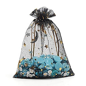 LOAVER 3.5x4.7 Inches Heart Printed Orchid Organza Bags Candy Gift Bags-100Pieces (Stars and Moon Black Bag)