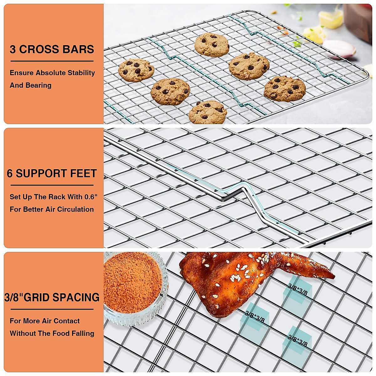 Cooling Rack for Baking 2-Pack, 15 x 10 Inches Baking Rack, Stainless Steel Wire Cookie Rack Fits Jelly Roll Sheet Pan, Oven Safe for Cooking, Roasting, Grilling