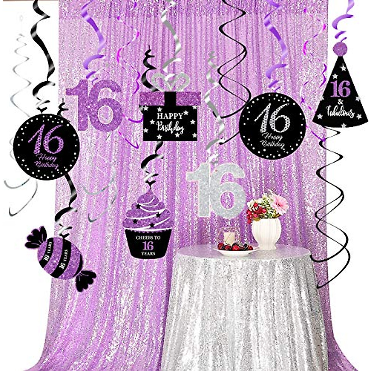 Sweet 16 Birthday Decorations Purple-Sweet 16 Purple Party 16th Birthday Banner 16th Birthday Party Supplies Purple Silver Black Foil Hanging Swirls for Girl 16th Birthday Party Decorations