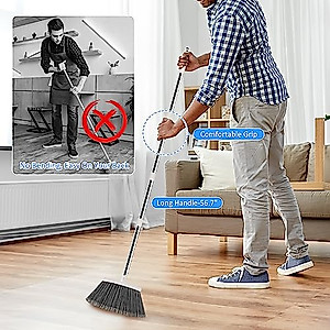 Upgraded Extra-Large Upright Broom - 56.7" Length, Gray Broom Flowering Bristles for Enhanced Indoor and Outdoor Cleaning - Stainless Steel Handle - Cleaning Solution for Home, Kitchen, and Office