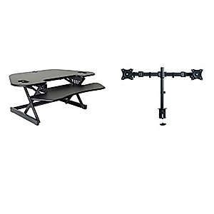 Rocelco 46" Height Adjustable Corner Standing Desk Converter with Dual Monitor Arm Mount BUNDLE - Sit Stand Up Computer Workstation Riser - Extra Large Keyboard Tray - Black (R CADRB-46-DM2)