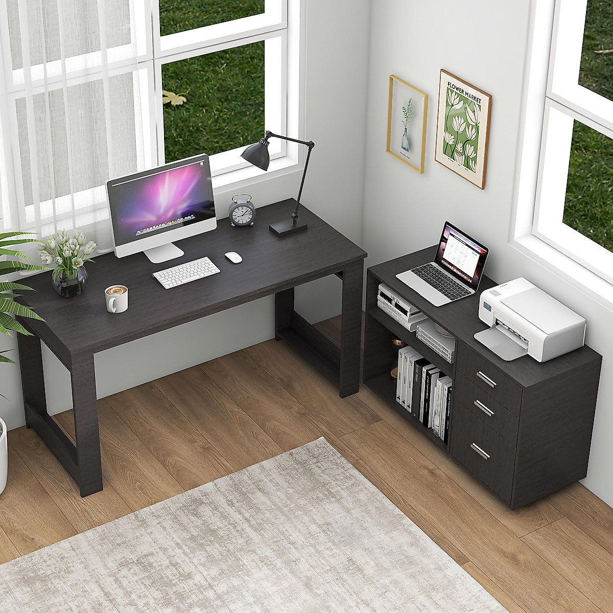 MU Gray L Shaped Desk with Drawers, Corner Desk with 3 Drawers and 2 Shelve, Executive Office Desk with Storage File Cabinet for Home Office Workstation, Bedroom, 55 inch