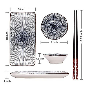 Relaxing Garden 6 piece sushi plate set, 10-inch ceramic rectangle sushi dishes, sushi serving set for 2, with 2 sushi plates 2 sauce bowls 2 pairs of chopsticks