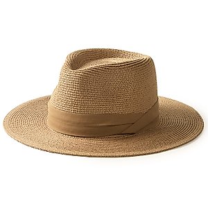 FURTALK Panama Hat Sun Hats for Women Men Wide Brim Fedora Straw Beach Hat UV UPF 50 Brown