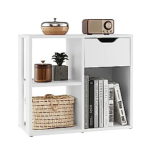Giantex 3 Cube Bookcase with Drawer White, 21" Wooden Floor Standing Storage Organizer w/Open Storage Cabinet, Freestanding Display Shelf for Bedroom Living Room Kid’s Playroom Reading Nook (1)