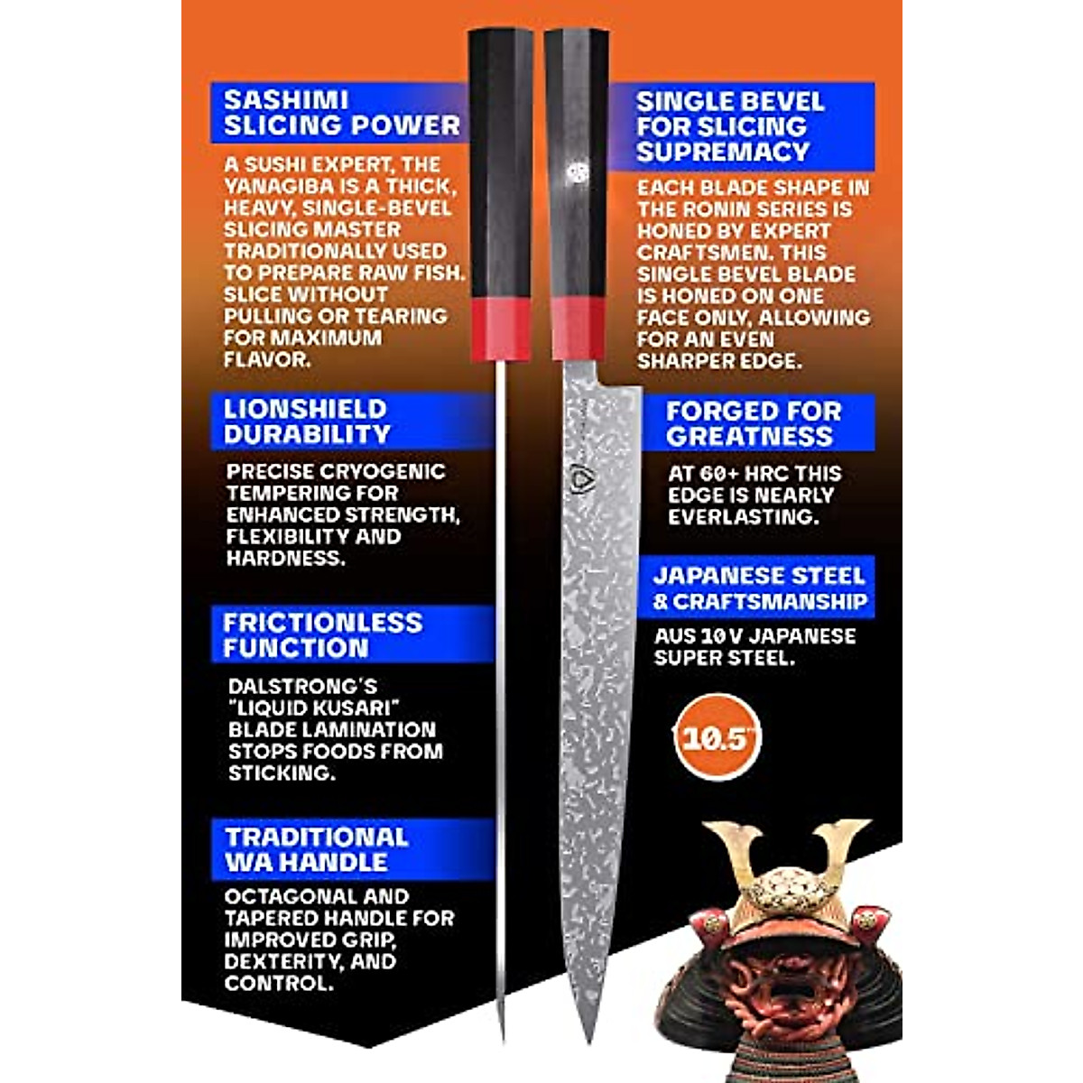 Dalstrong Ronin Series Japanese AUS-10V Damascus Steel Yanagiba Sushi Kitchen Knife with Red & Black G10 Handle, 10.5 Inches, Sheath Included